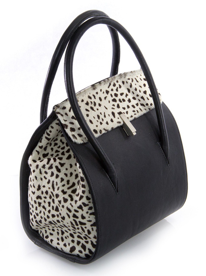 BB Simon Black White Cheetah Pattern Italian Leather Designer Handbag Purse